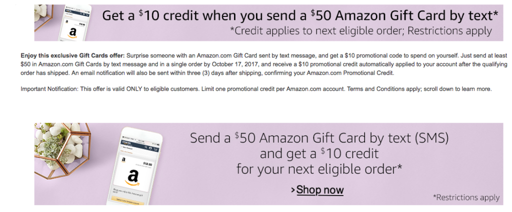 Send a $50 Amazon Gift Card by Text, Receive a $10 Promotional Credit ...